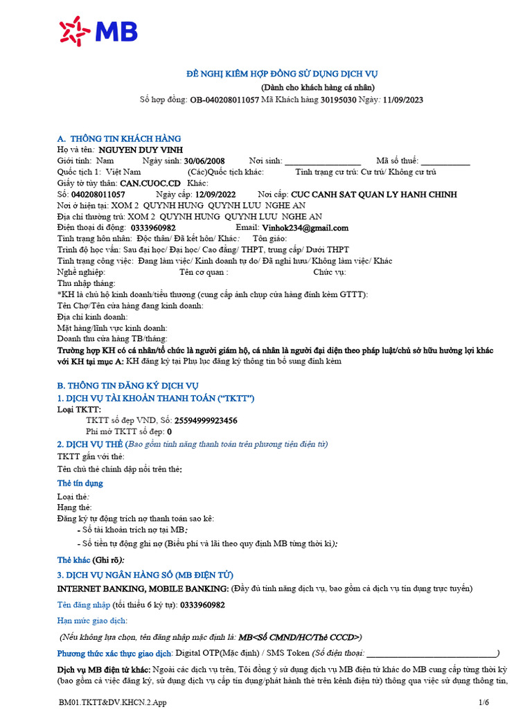 Hop Dong Su Dung Dich Vu Ngan Hang So Voi MB | PDF