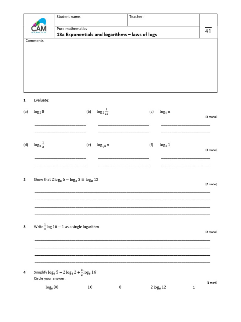 CSF - 13a Exp and Logs - Laws of Logs (AS) - HW 2 | PDF | Logarithm | Exponential Function