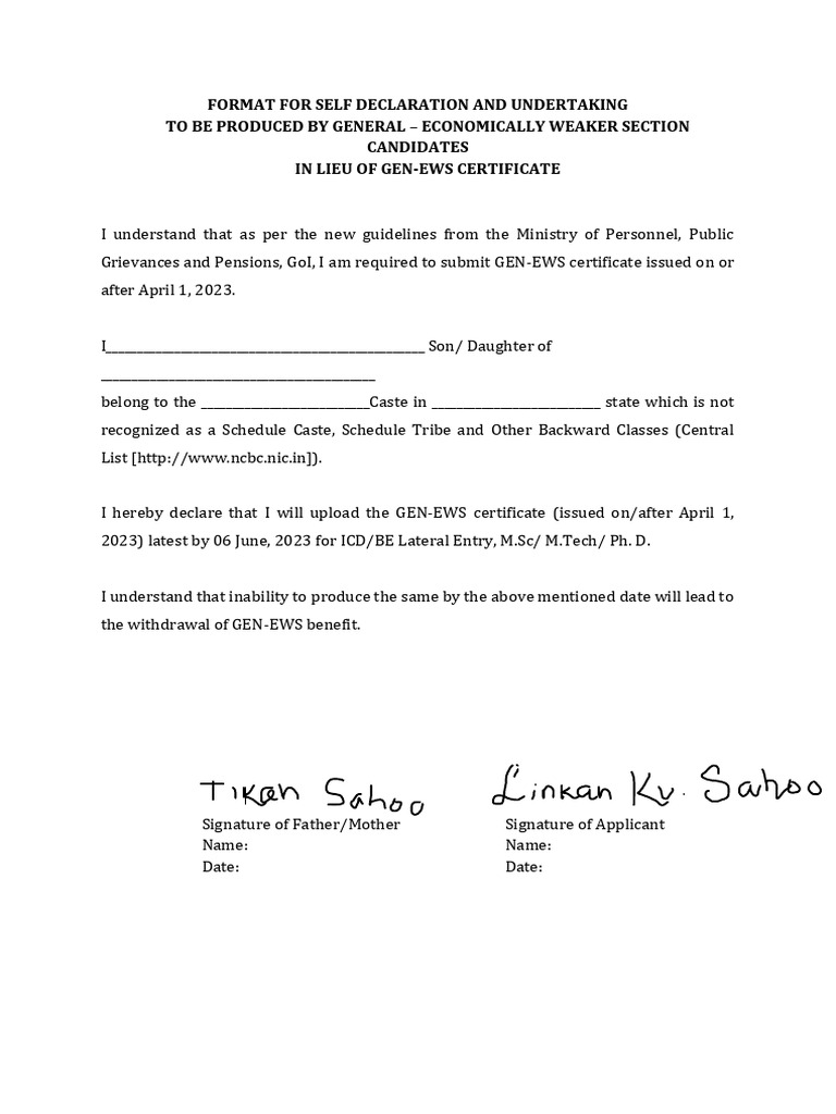 EWS Self Declaration Format Guidelines | PDF | Magistrate