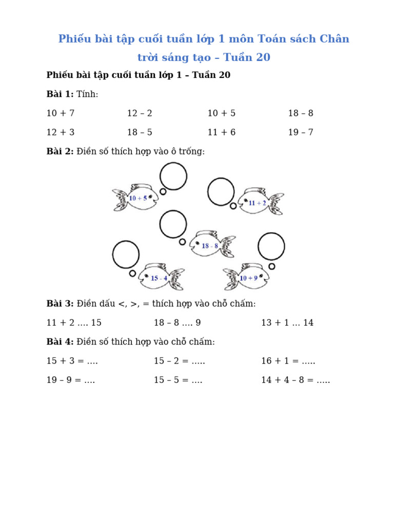 Phieu Bai Tap Cuoi Tuan Lop 1 Mon Toan Chan Troi Tuan 20 | PDF