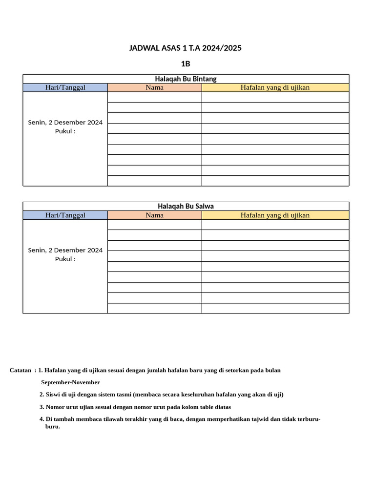 Jadwal - Ujian Tahfidz - Asas - 2024-2025 | PDF