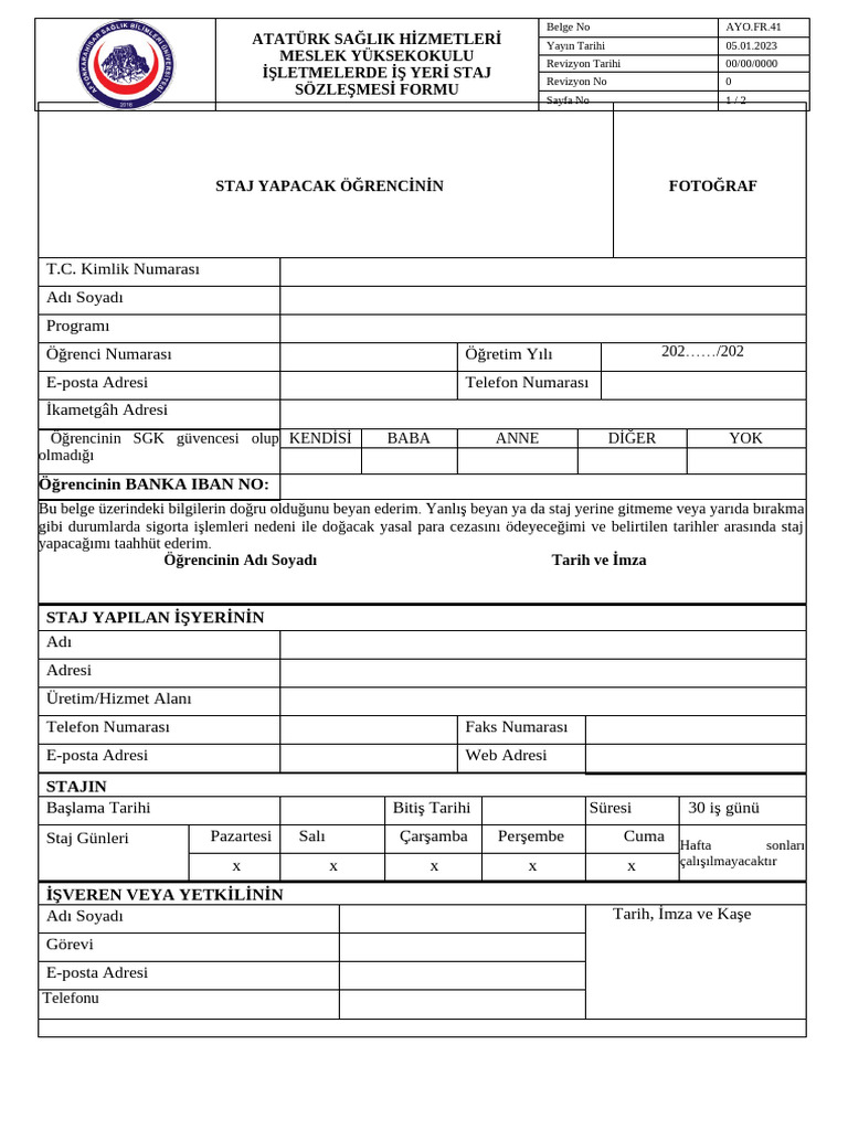 .41 Isletmelerde Staj Sozlesmesi Formu 1 1 | PDF