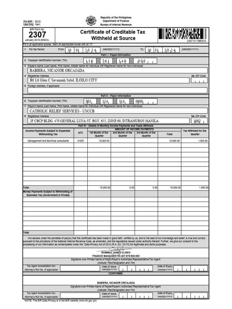 BIR-2307 N.babiera Oct2024 | PDF | Government Finances | Payments