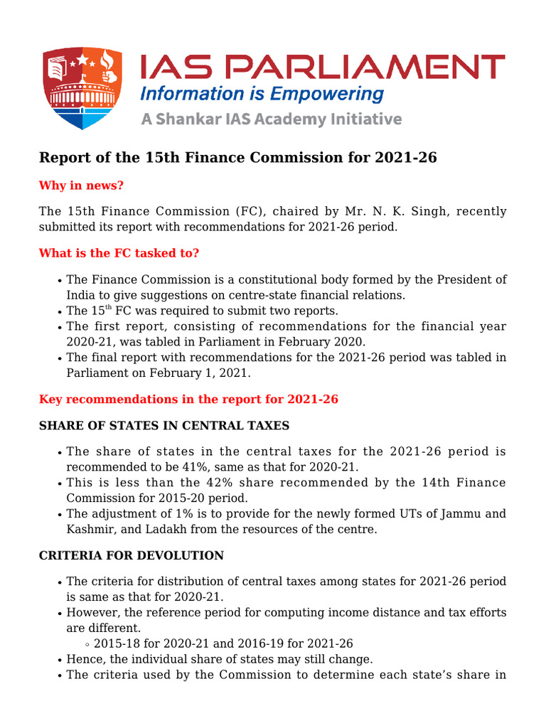 Report of The 15th Finance Commission For 2021 26 | PDF | Government ...