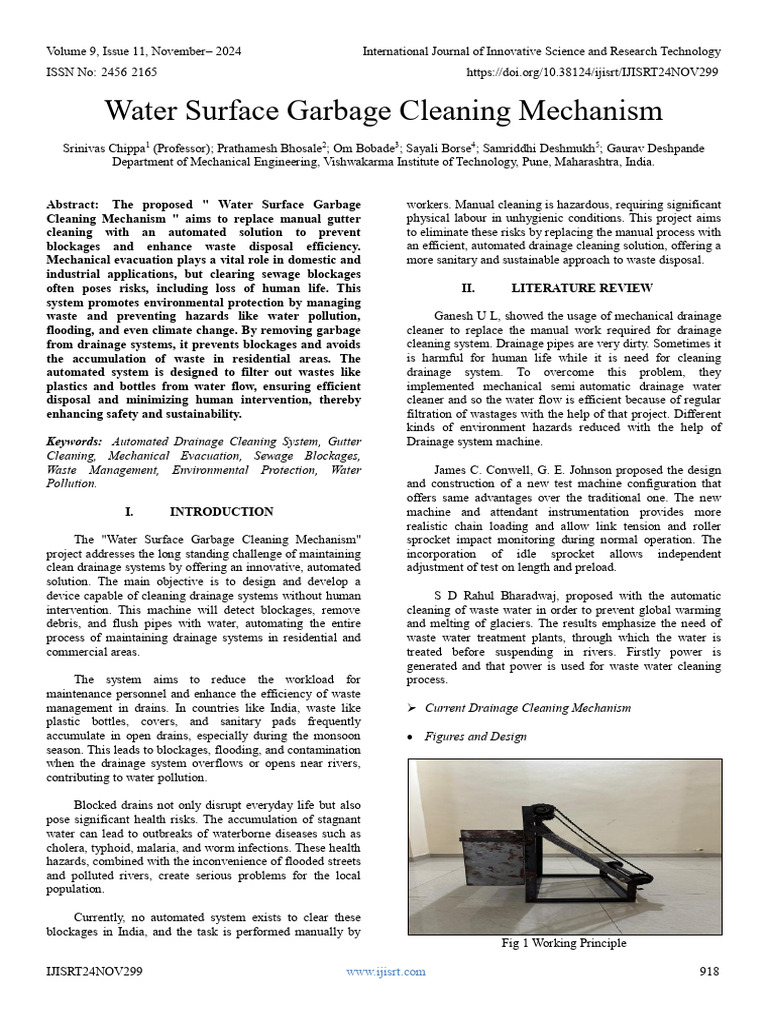 Water Surface Garbage Cleaning Mechanism | PDF | Waste | Drainage