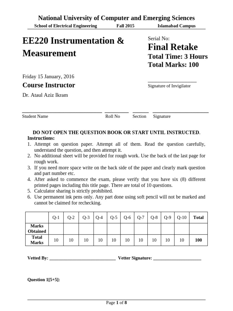 Final Exam Instrumentation Measurement Fall 2015 Retake | PDF ...