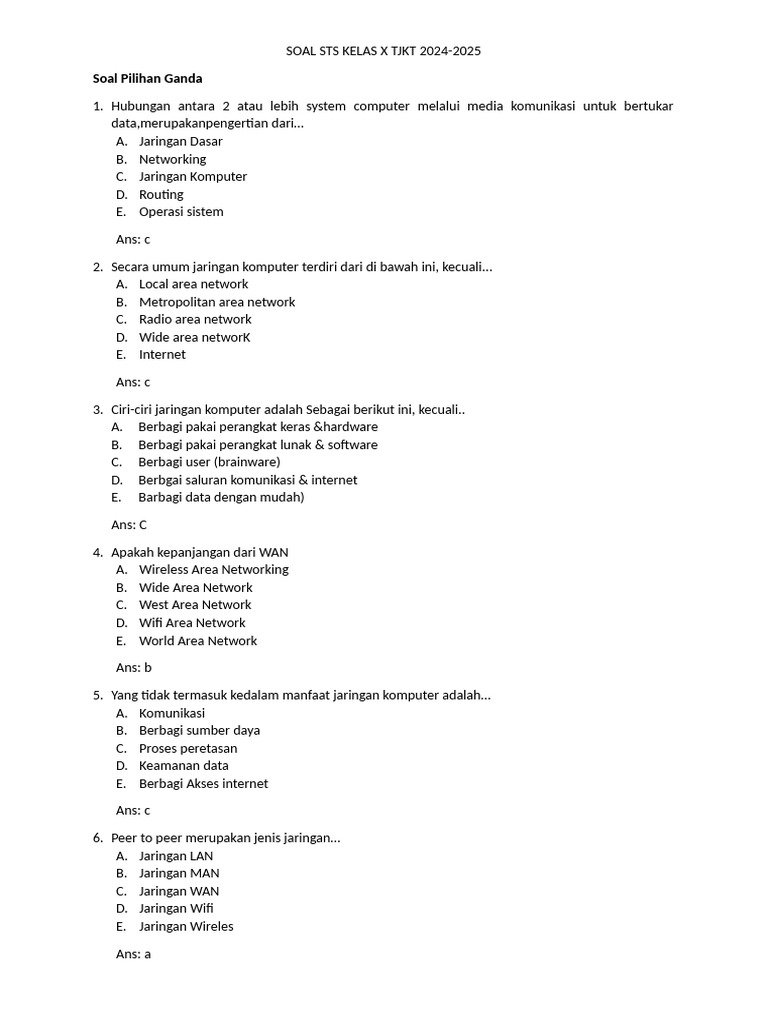 Soal STS Kelas X TJKT 2024 | PDF
