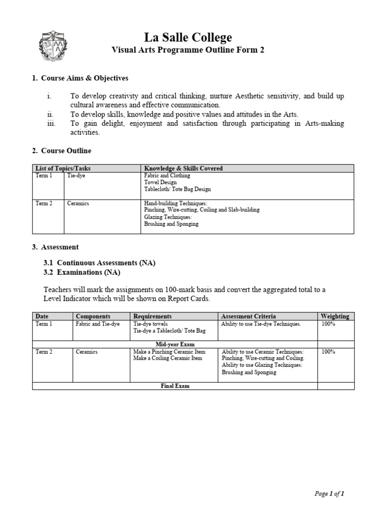 La Salle College 2024-25 Visual Arts F.2 Programme Outline | PDF