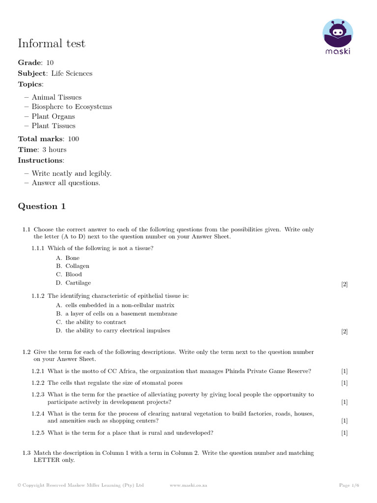 Informal Test 100 20241024163937 | PDF | Tissue (Biology) | Connective ...