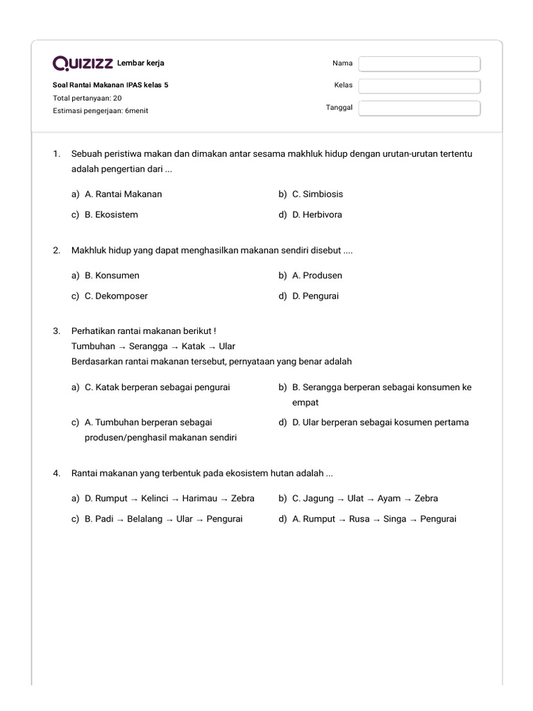 Soal Rantai Makanan Kelas 5 | PDF