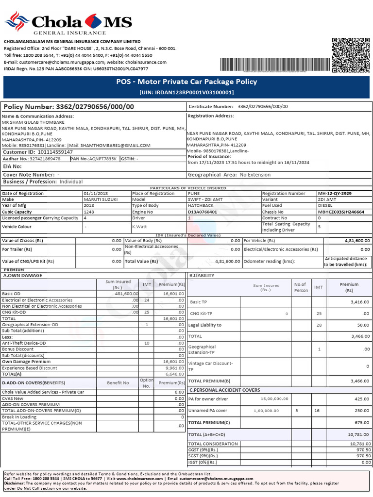 Car Insurance Policy Details | PDF | Insurance | Liability Insurance