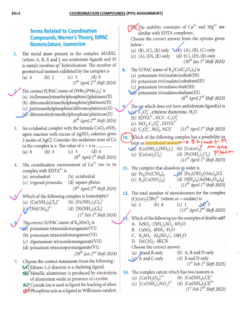 Coordination Compounds PYQ Assignment | PDF