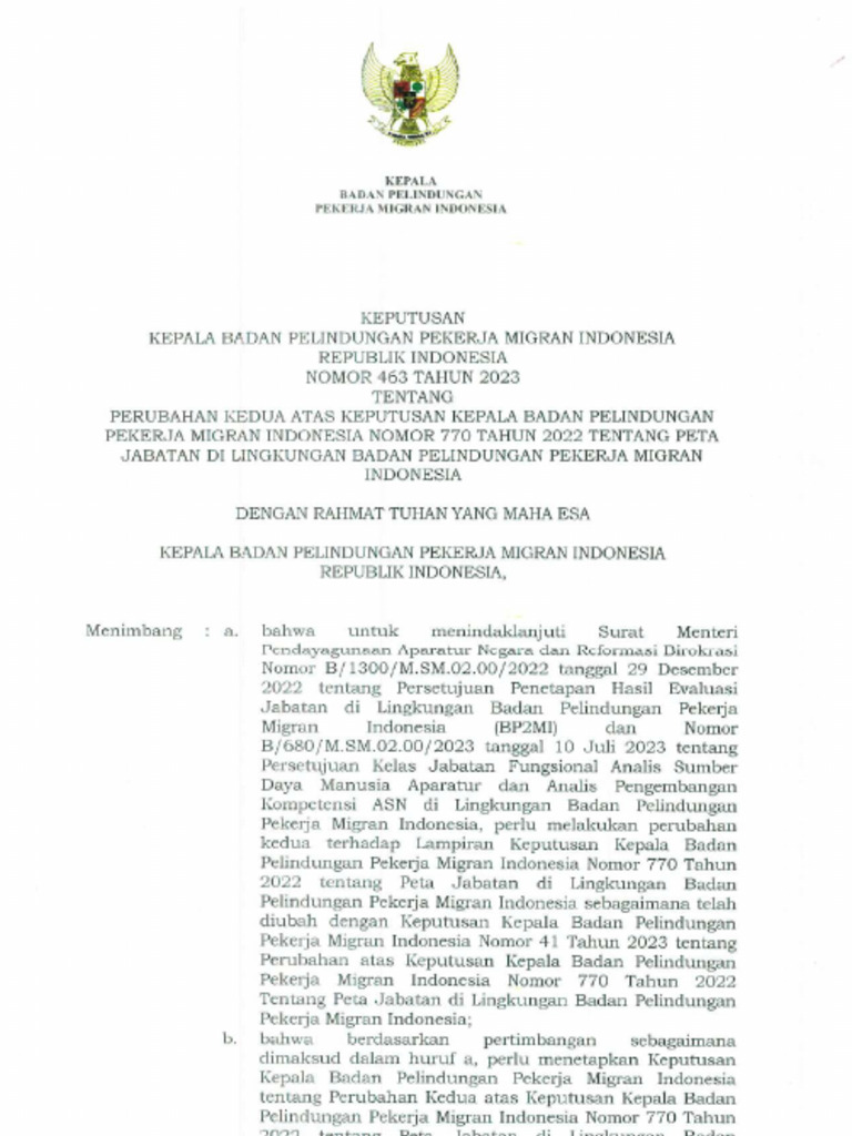 KEPKA No 463 Tahun 2023 Tentang Perubahan Kedua Atas Kepka No 770 Tahun 220 Tentang Peta Jabatan ...