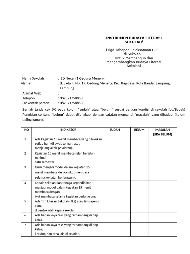 Instrumen Budaya Literasi Sekolah-Template | PDF