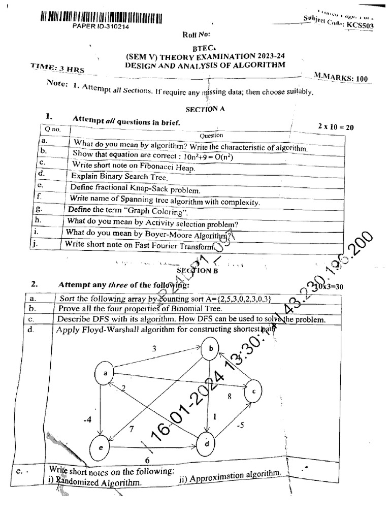 Btech Cs 5 Sem Design and Analysis of Algorithm Kcs503 Jan 2024 | PDF