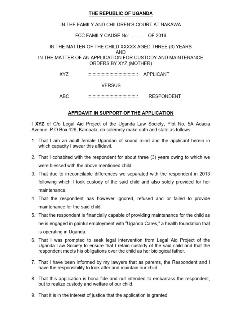 Affidavit in Support of Custody Applicaion Sample | PDF | Affidavit | Family