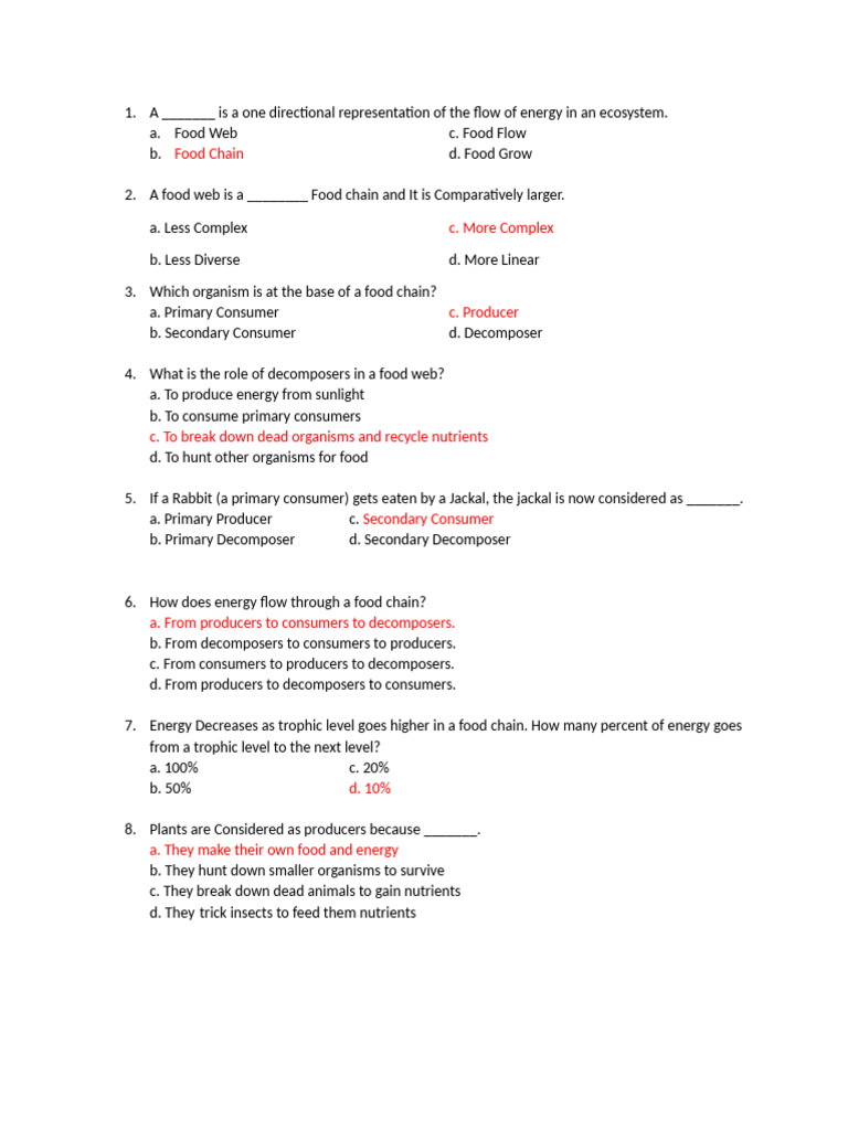 Food Chain Food Web Quiz | PDF | Food Web | Natural Environment