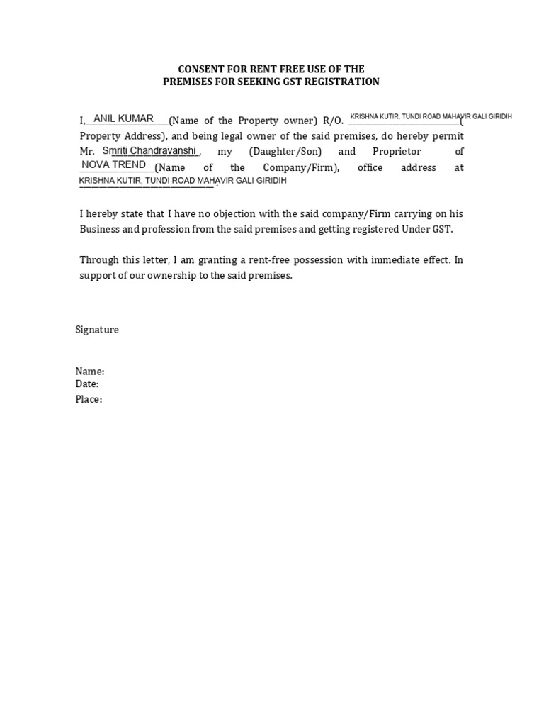 Consent For Rent Free Use Proprietor | PDF