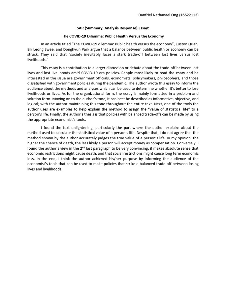 In An Article Titled "The COVID 19 Dilemma: Public Health Versus The ...