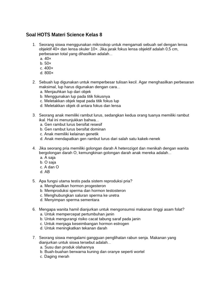 Soal HOTS Materi Science Kelas 8 | PDF