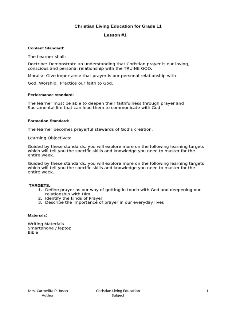 MODULE 1 Gr.11 CLE Final Edited | PDF | Prayer | Jesus