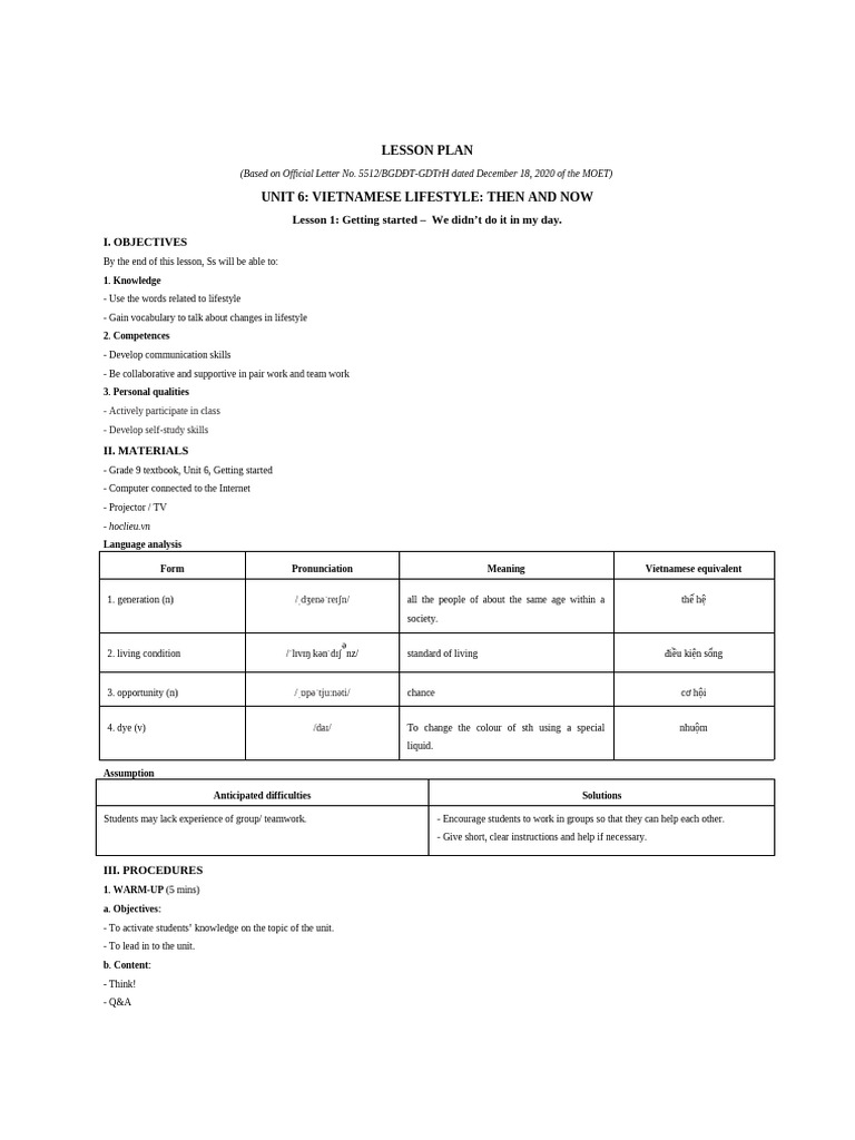 Unit 6: Vietnamese Lifestyle Overview | PDF | Vocabulary | Interview