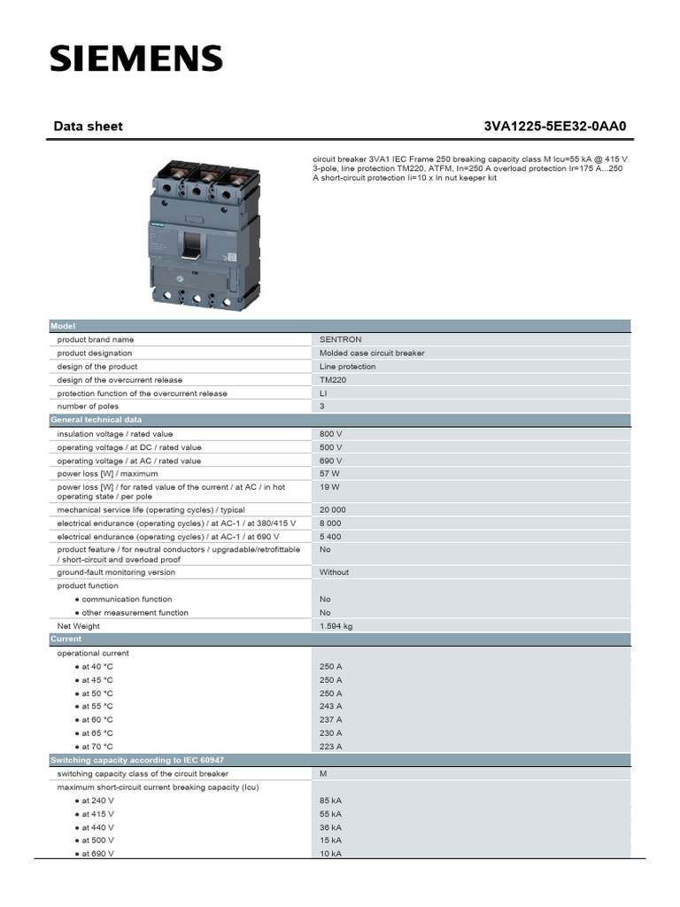 250A MCCB-3VA12255EE320AA0 - Datasheet - en | PDF | Alternating Current | Electromagnetism