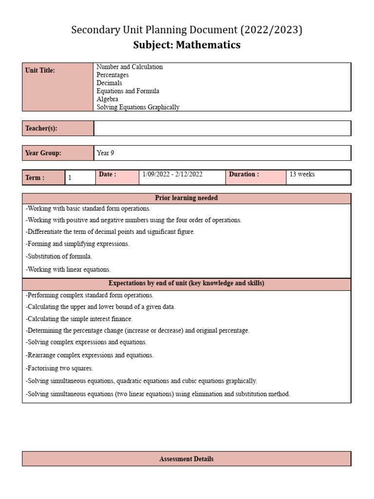 Year 9 Maths Unit Plan: Algebra & Equations | PDF | Equations ...