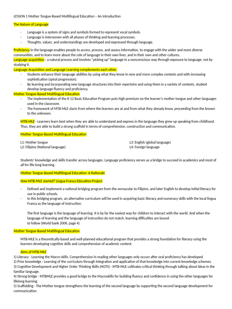 Mtb-Mle Reviewer (Lesson 1-4) | PDF | Reading Comprehension | Phonics