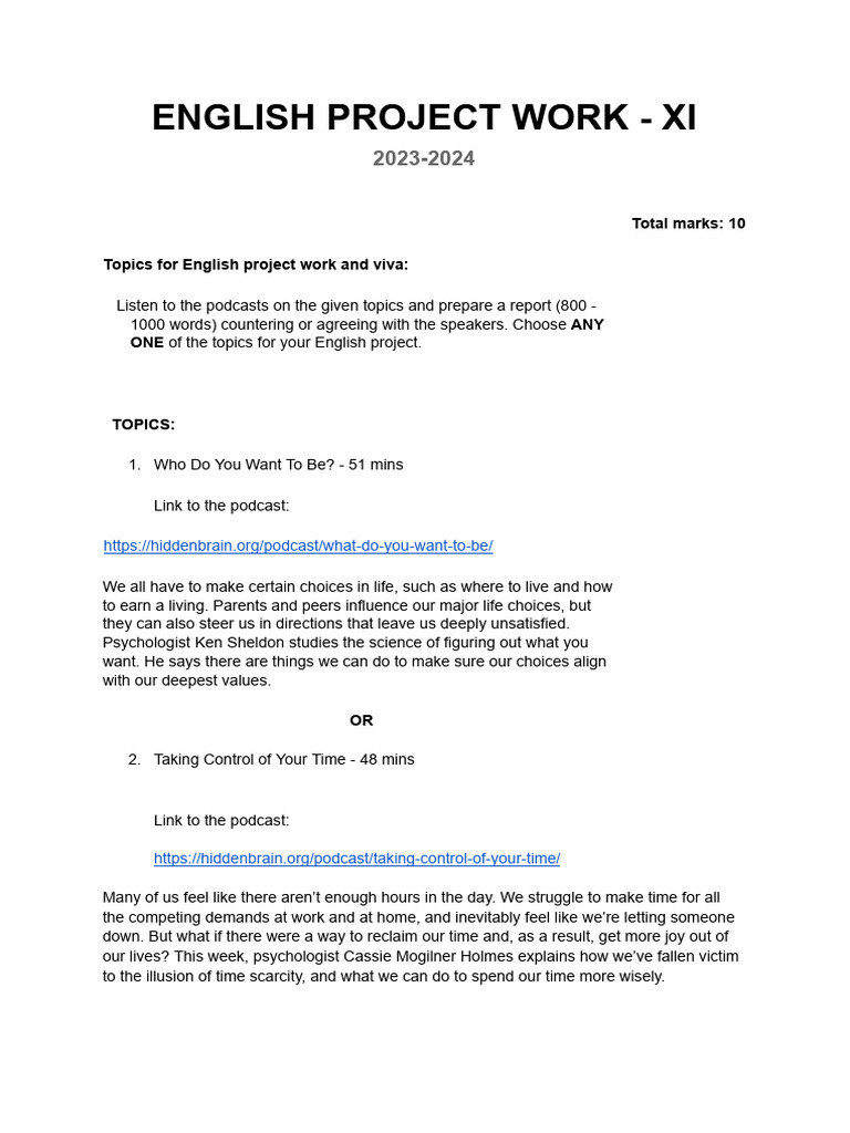 English Project Work - Xi 2023-24 | PDF