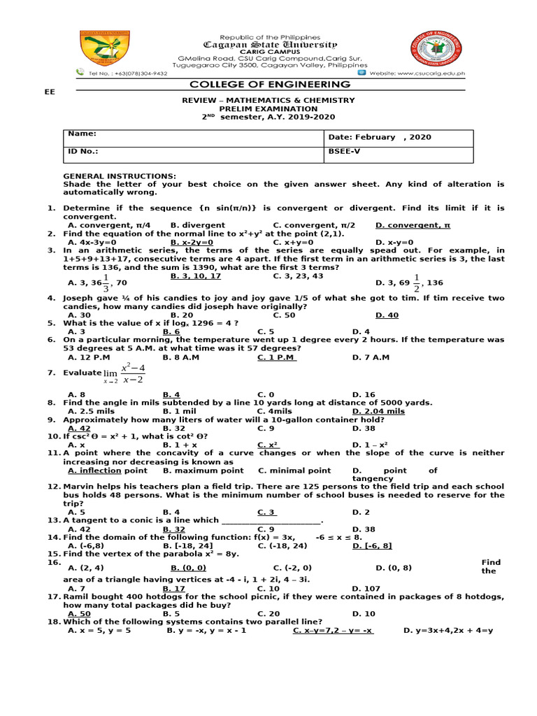 EE Review Math Chem Exam (1) | PDF | Chlorine | Water