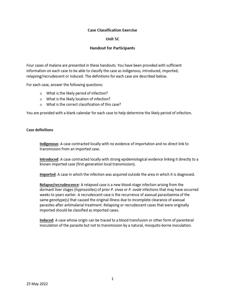 Case Classification Exercise Handout | PDF | Malaria | Infection