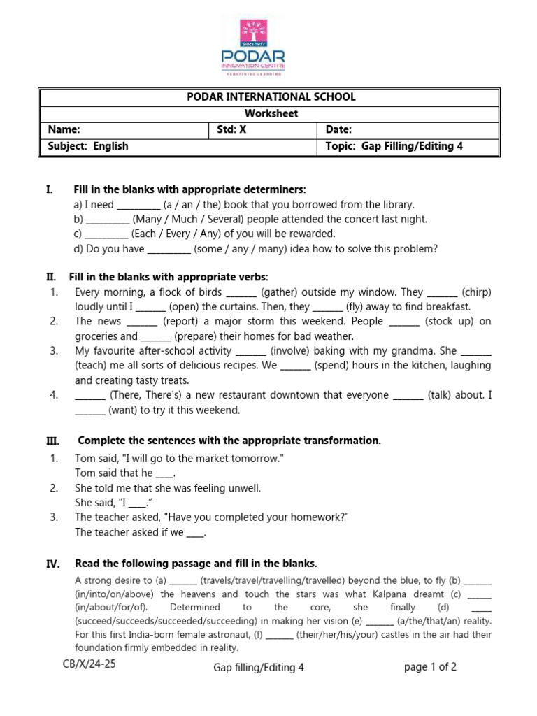 English Gap Filling Worksheet | PDF