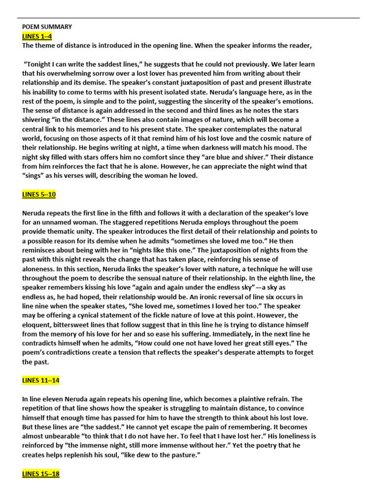 Tonight I Can Write Line by Line Analysis Symbols Themes and Style PDF ...