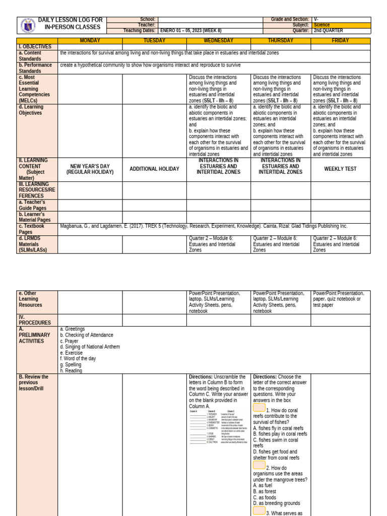 g5 q2w8 DLL Science (Melcs) | PDF | Coast | Ecosystem