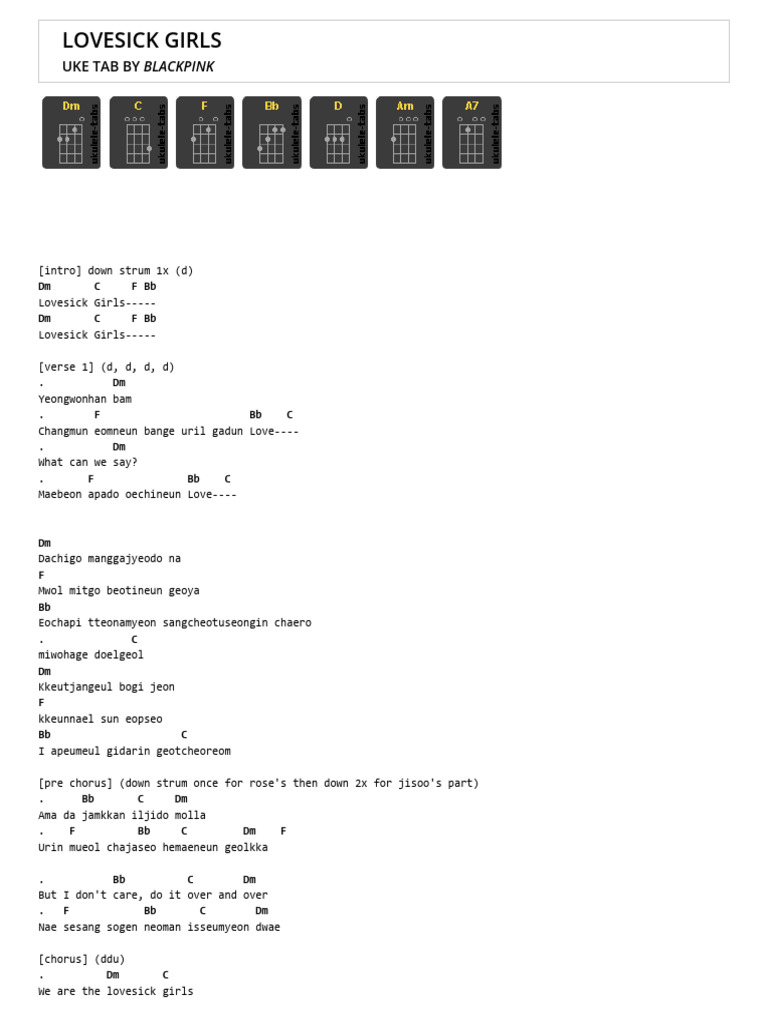 Lovesick Girls Uke Tab by BLACKPINK - Ukulele Tabs | PDF