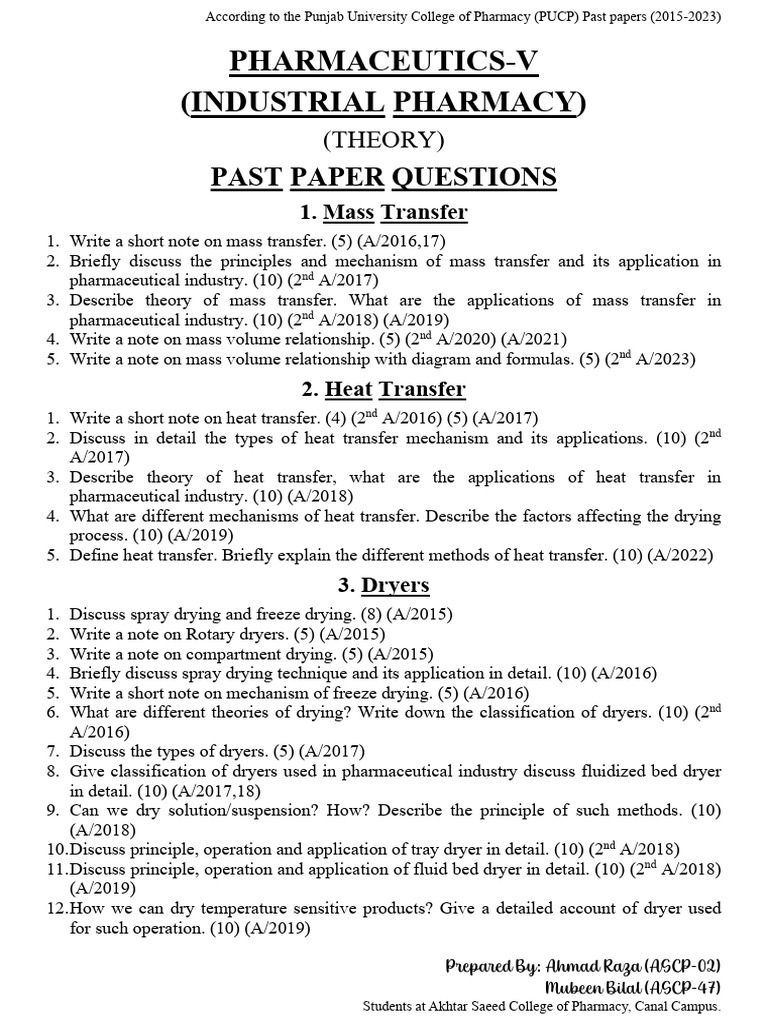 Industrial Pharmacy Arranged Past Papers | PDF | Tablet (Pharmacy ...