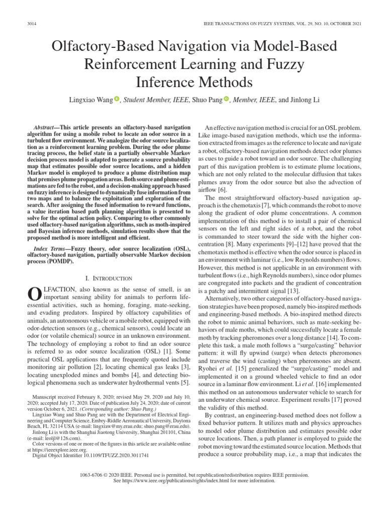 Olfactory Based Navigation Via Model Based Reinforcement Learning And Fuzzy Inference Methods