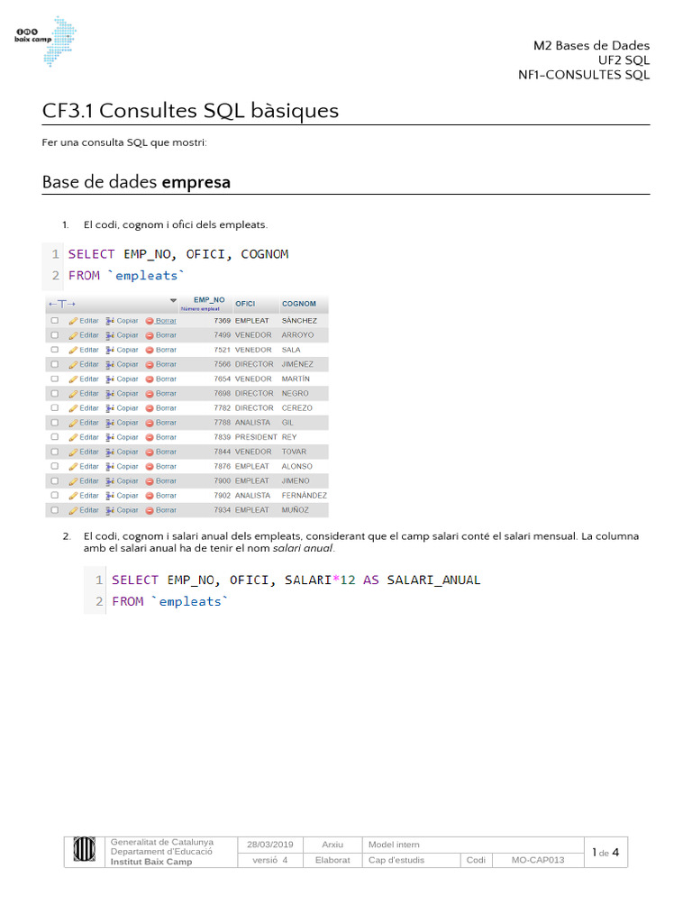 CF3.1 Consultes SQL Bàsiques | PDF