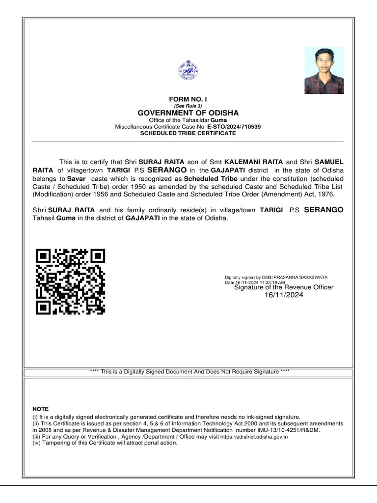 Scheduled Tribe Certificate Odisha | PDF