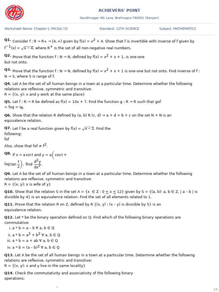 Chapter-1 (MCQS) (3) - 12TH SCIENCE-MATHEMATICS | PDF | Mathematical ...