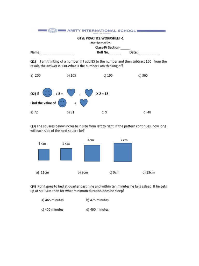 Class IV Math Practice Worksheet | PDF