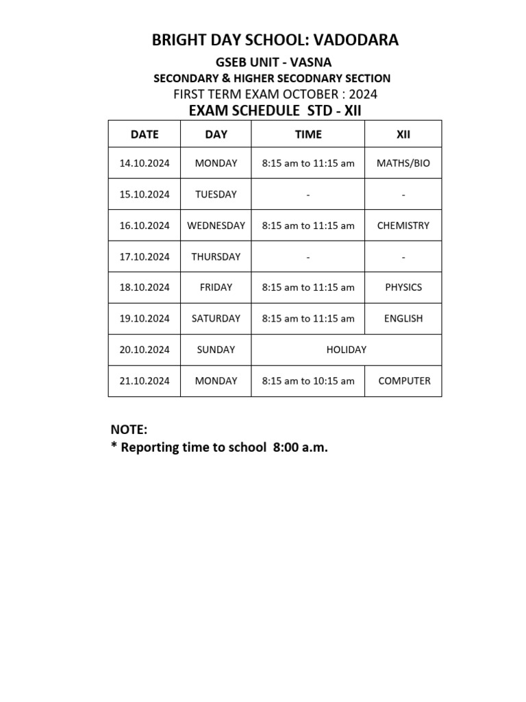 12th First Term Time Table 2024-25 | PDF