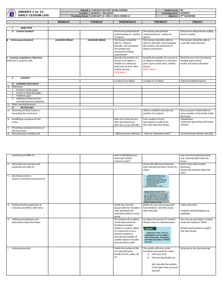 DLL Science-3 Q3 W1 | PDF | Learning | Human Communication