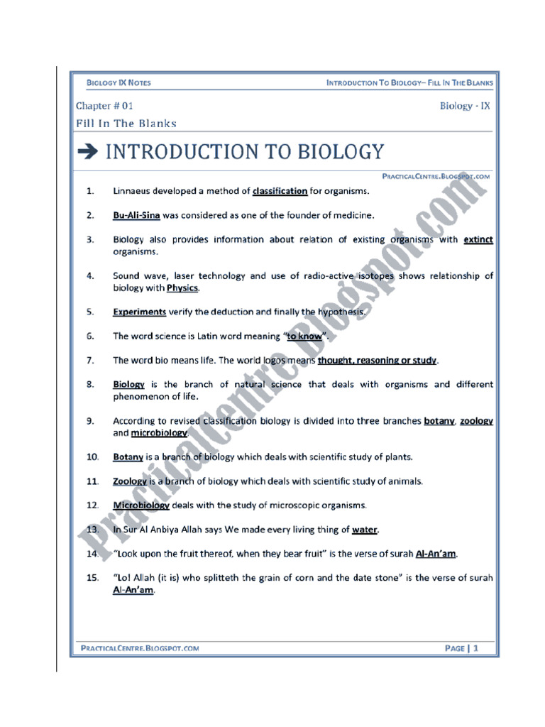 1 Life and Orign Fill Blank Biology | PDF