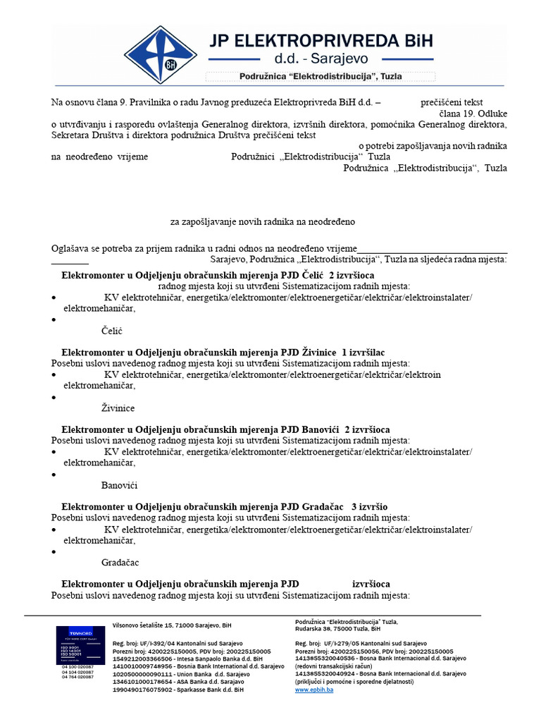 Oglas Za Zaposljavanje Radnika Na Neodredjeno Vrijeme - ED Tuzla | PDF