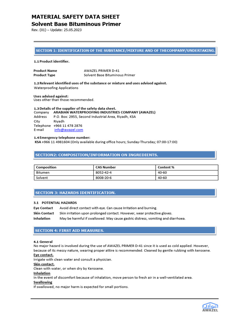 MSDS - Awazel Primer D41 | PDF | Waste | Carbon Dioxide