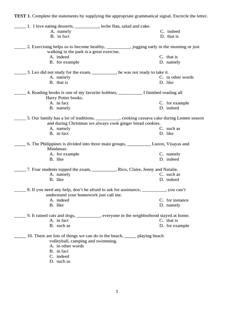 Grammatical Signals Practice Test | PDF