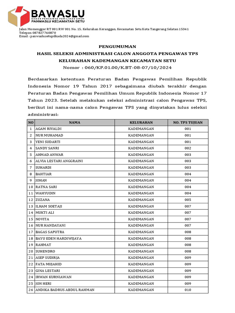Kademangan - Pengumuman Hasil Seleksi Administrasi Calon PTPS 2024-1 | PDF Kademangan - Pengumuman Hasil Seleksi Administrasi Calon PTPS 2024-1 | PDF