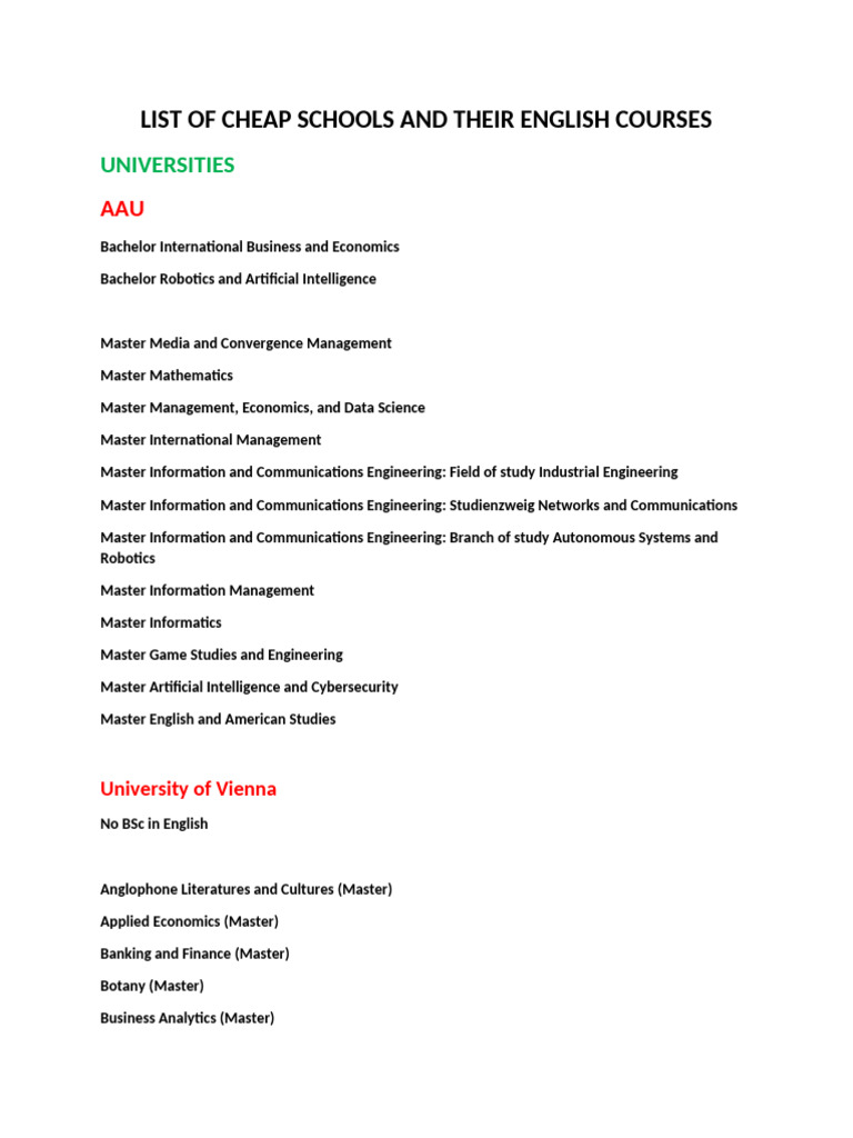 List of Cheap Schools and Their English Courses | PDF | Science ...